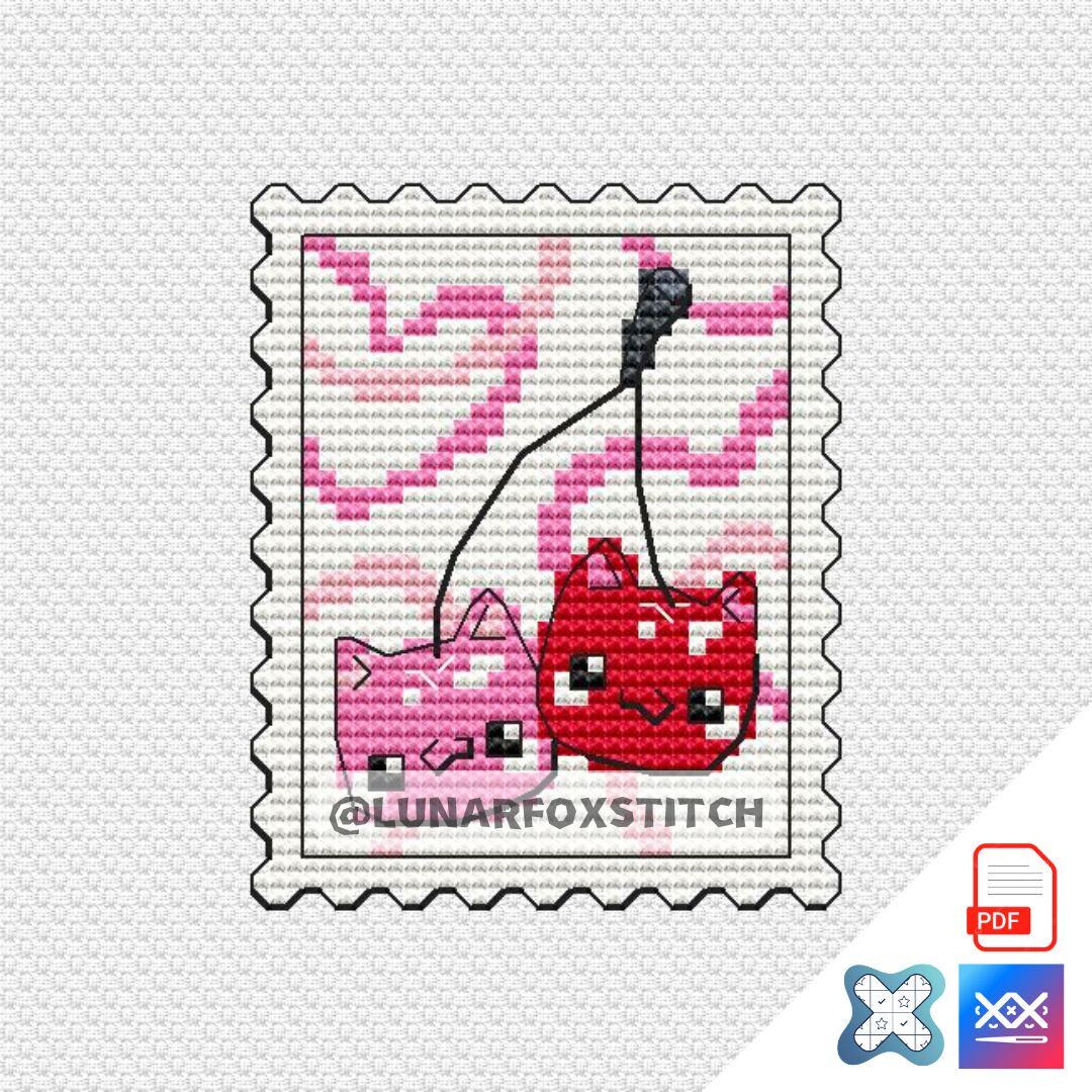 Cherry Cats Postage Stamp Cross Stitch Pattern - Valentine's Day ...