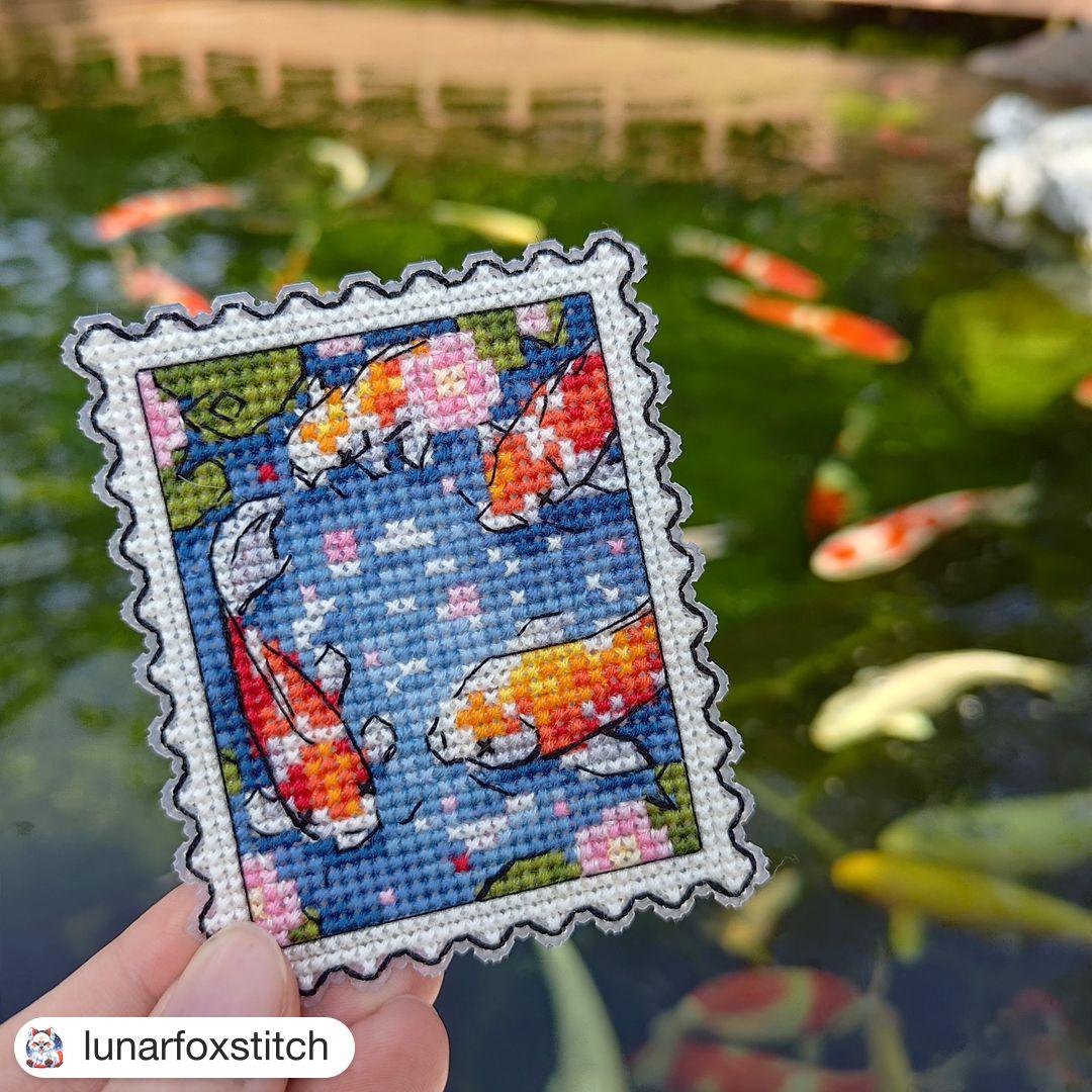 Japanese Koi Pond Postage Stamp Cross Stitch Pattern - Carp Embroidery ...