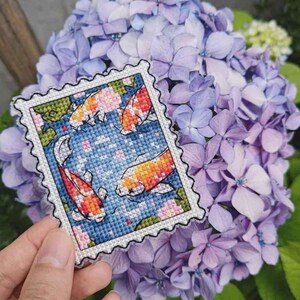 Japanese Koi Pond Postage Stamp Cross Stitch Pattern - Carp Embroidery ...