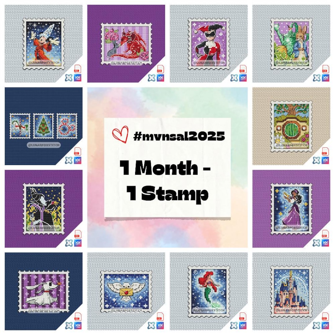 MVNSAL025 - 12 - Characters Postage Stamp Cross Stitch Patterns SET ...