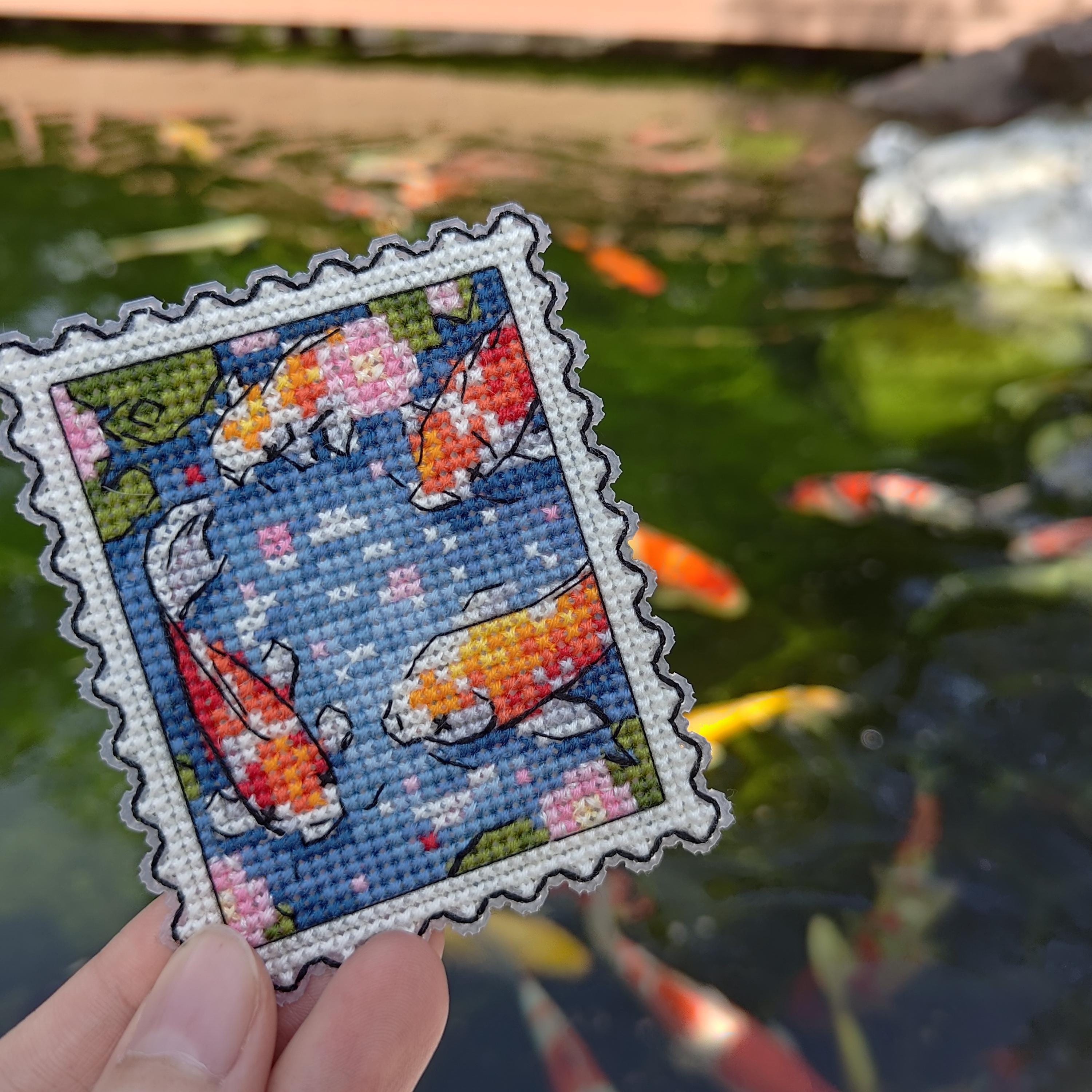 Japanese Koi Pond Postage Stamp Cross Stitch Pattern - Carp Embroidery ...