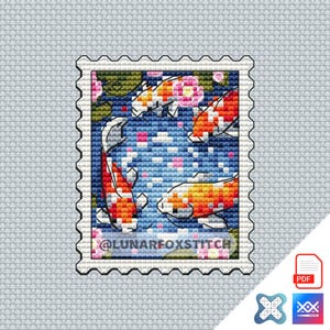 Japanese Koi Pond Postage Stamp Cross Stitch Pattern - Carp Embroidery ...