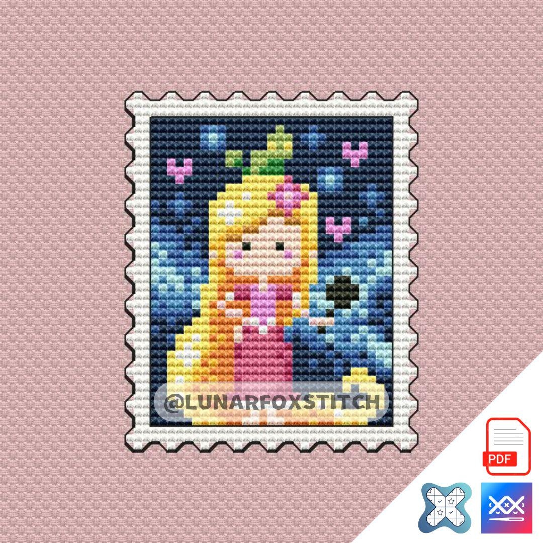 Princess Postage Stamp Cross Stitch Pattern - Pink Long Hair Dress ...