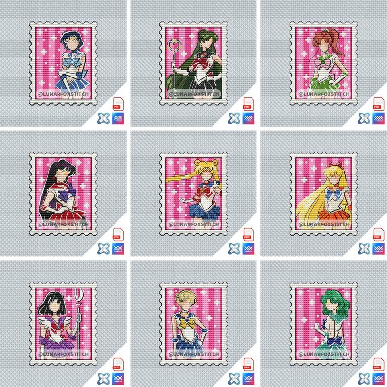 Sailor Anime Girl Postage Stamp Cross Stitch Pattern – Set of 9 (PDF ...