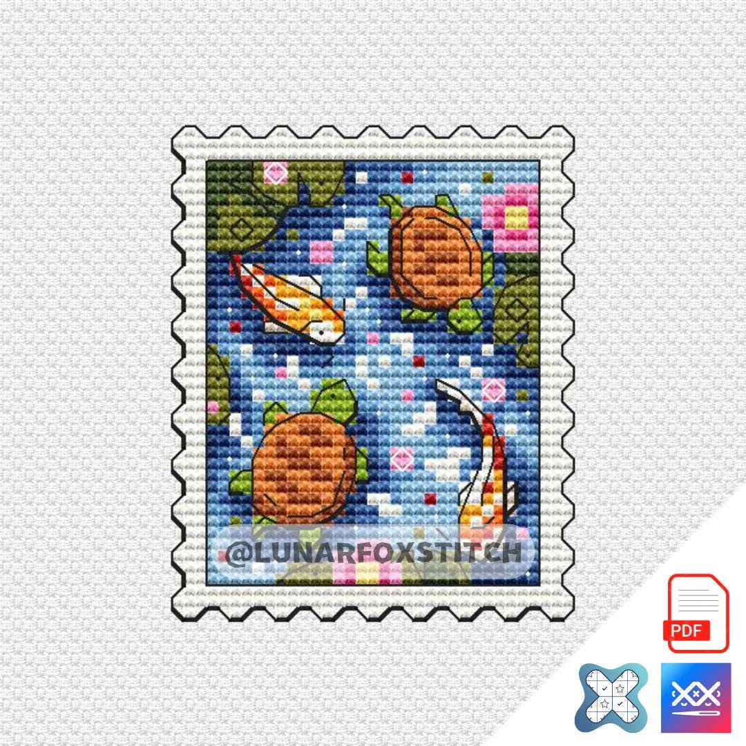 Koi and Turtles Postage Stamp Cross Stitch Pattern - Fish Carp Japan ...