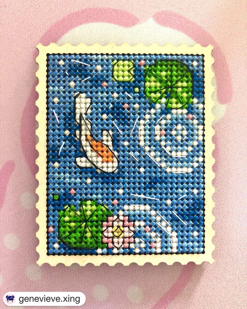 Koi Pond Postage Stamp Cross Stitch Pattern - Japan Carp Fish Sakura ...