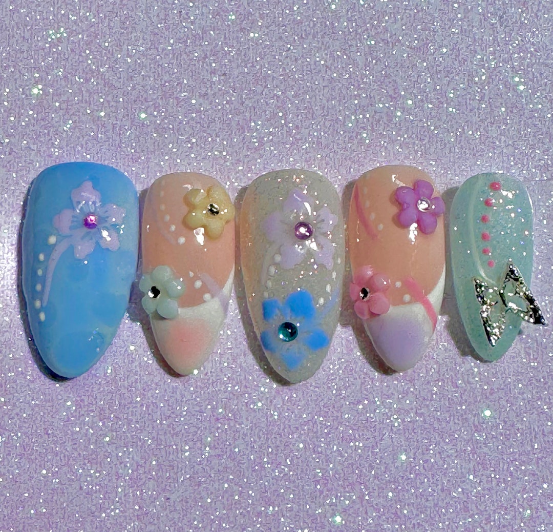 Hibiscus Flower French Tips Press on Nails/ Fake Nails/ Glue on Nails ...