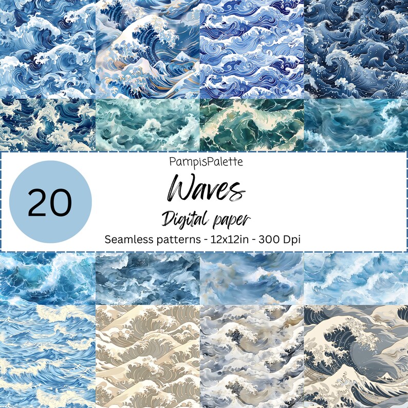 20 Waves Digital Paper Pack, Unique Waves Themed Seamless Patterns ...