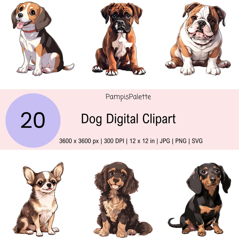 20 Unique Dog Digital Clipart Prints, Puppy Illustration Bundle, Dog ...