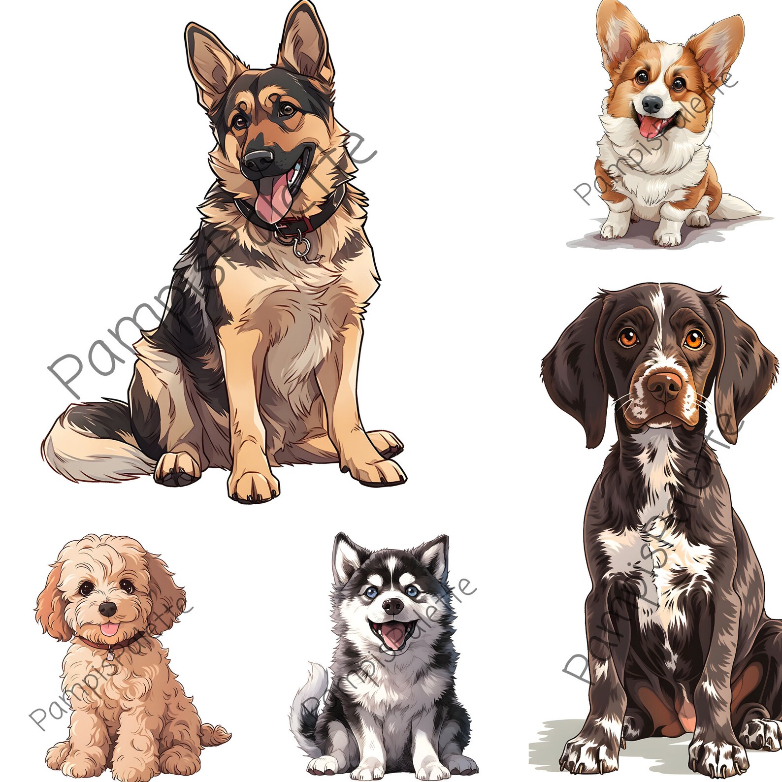 20 Unique Dog Digital Clipart Prints, Puppy Illustration Bundle, Dog ...