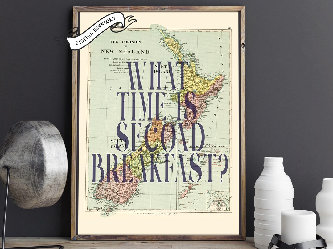 SECOND BREAKFAST Typography Art on Vintage NZ Map, Travel Inspired ...