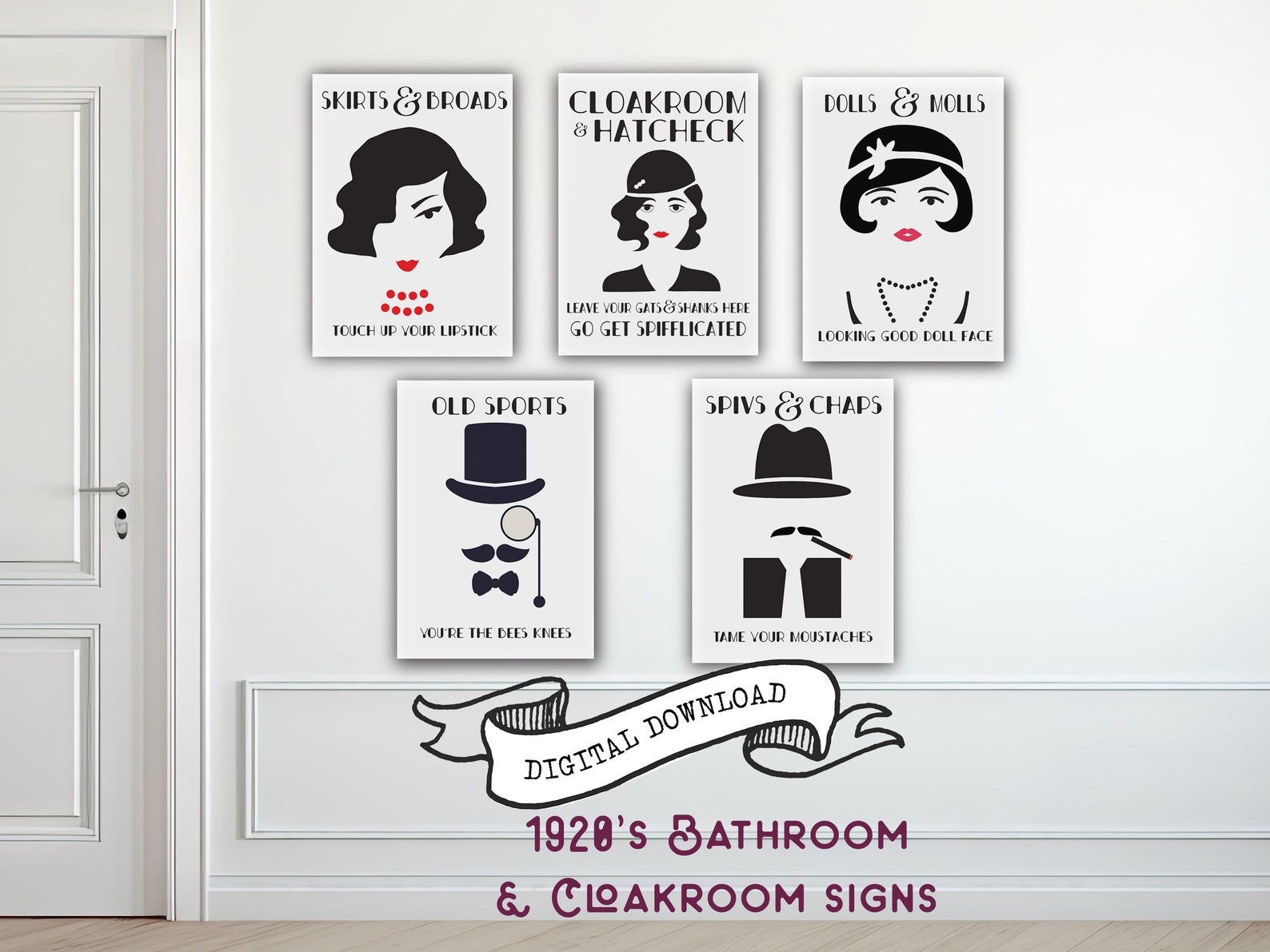 Speakeasy Bathroom and Cloakroom Signs: 1920s Art Deco Restroom Decor ...