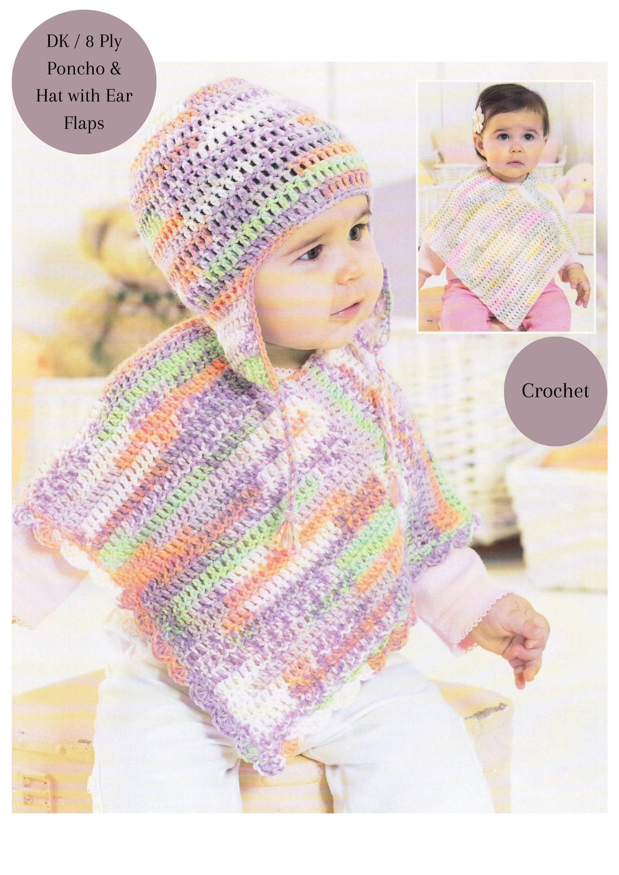 Crochet Baby Poncho & Hat Pattern, DK / 8 Ply Yarn, Earflap Hat or ...