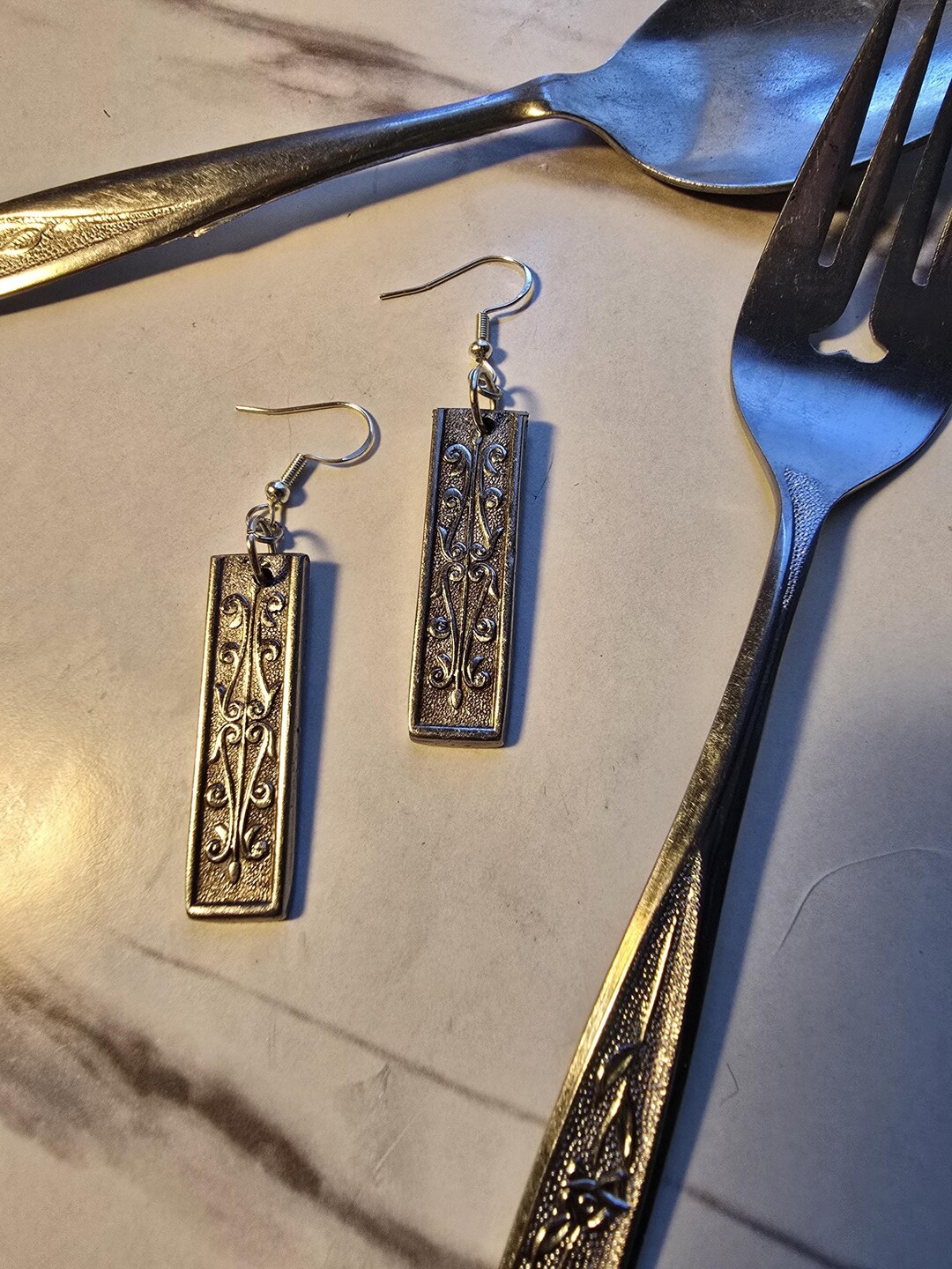 Ornate Silverware Dangle Earrings Upcycled Repurposed stainless Steel Statement Jewelry Made ...