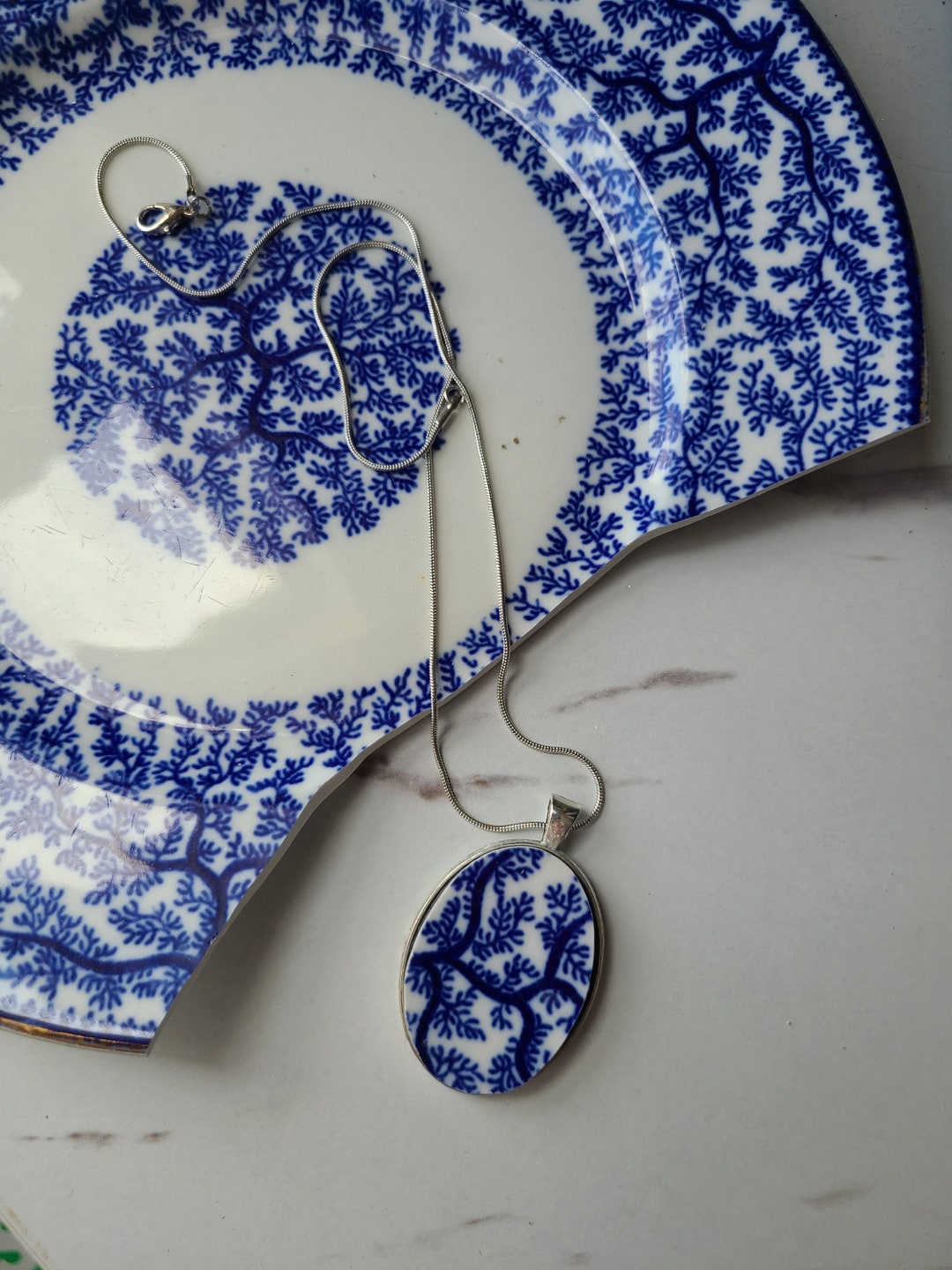 Cobalt Blue Tree Broken China Plate Pendant Necklace Statement Jewelry ...