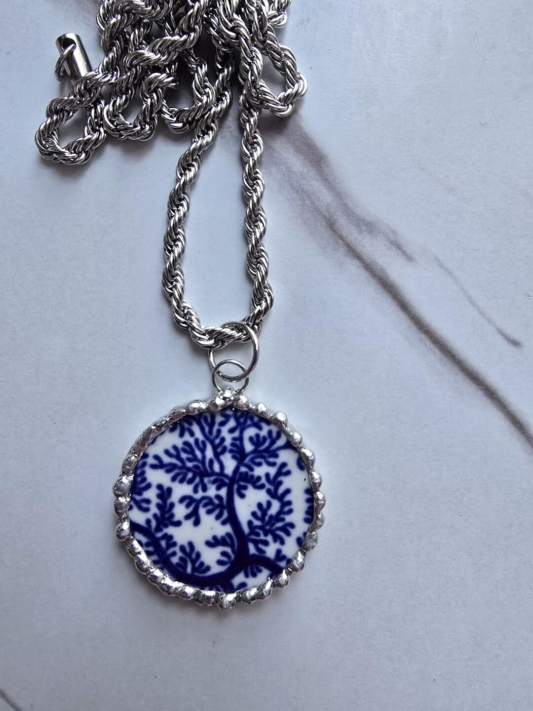Cobalt Blue Tree Vine Pattern Broken China Plate Pendant Necklace ...