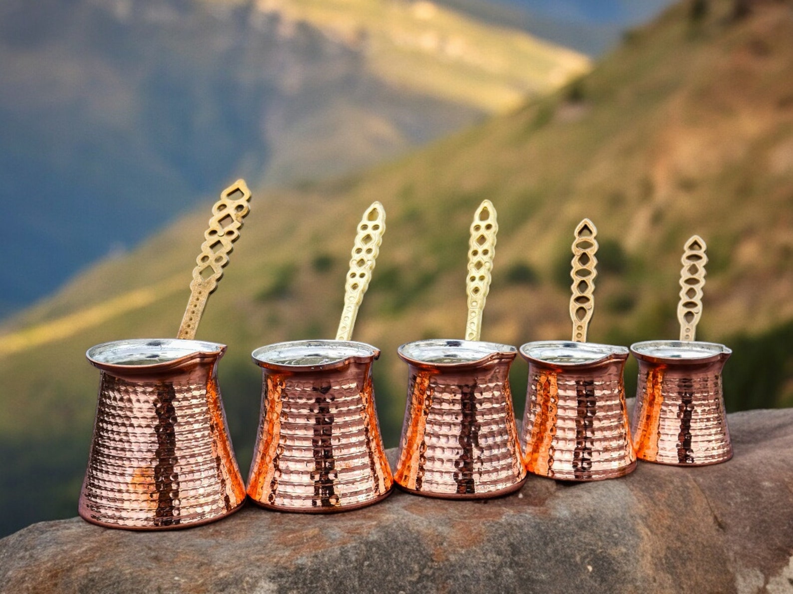 Traditional Copper Turkish Coffee Pot Cezve Five Size Ottoman Hand ...