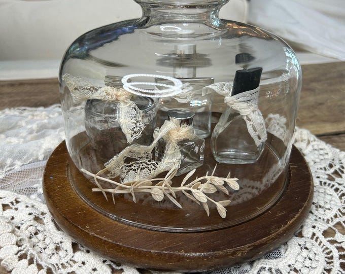 Vintage Salvage Glass Cloche Antique Perfume Bottles Display Vignette ...