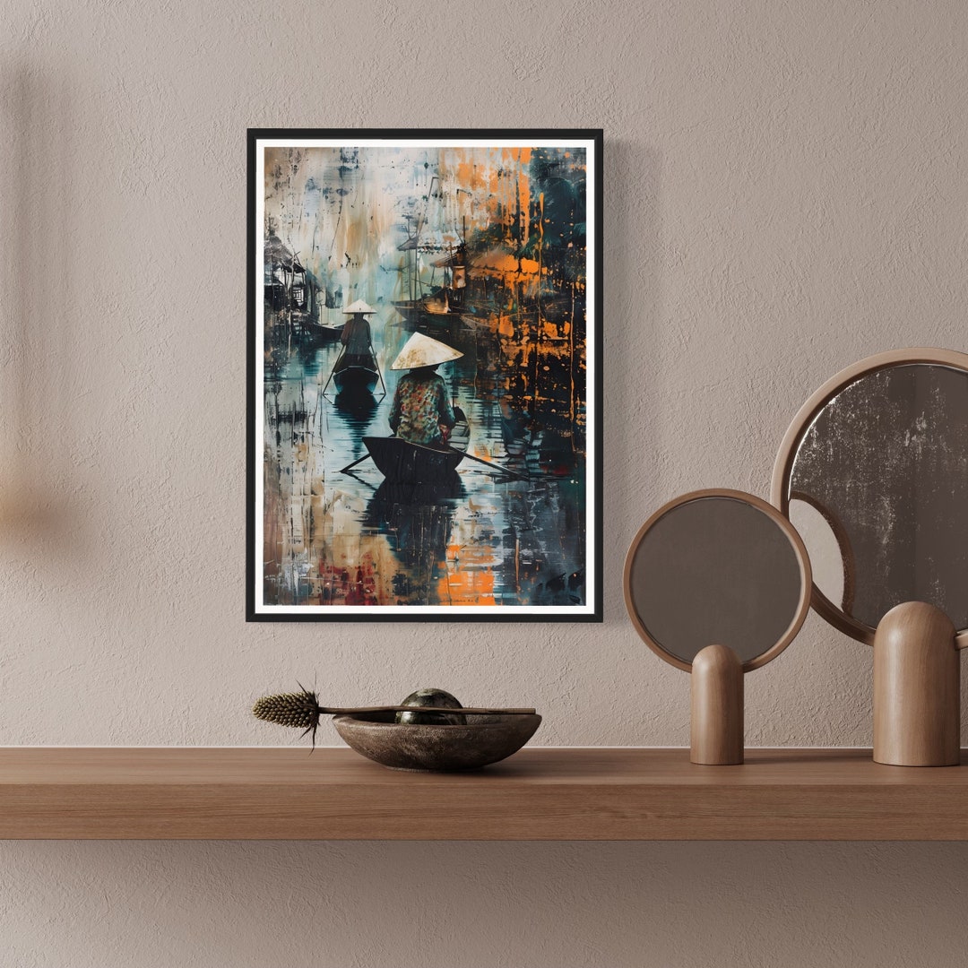Dark Inky Style Vietnamese River Life Art Print Traditional Boats South ...