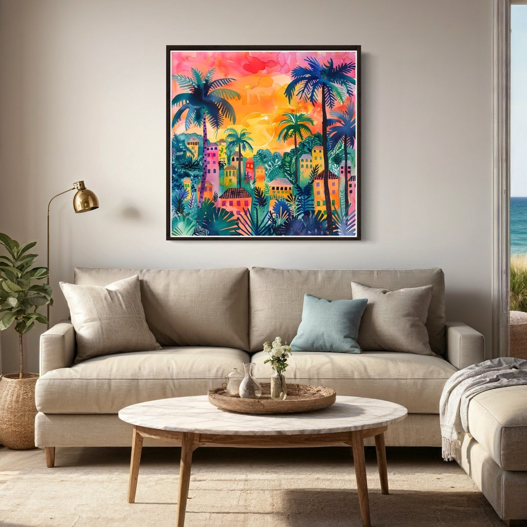 Tropical Sunset Art Print Palm Trees Poster Colourful Buildings Island ...