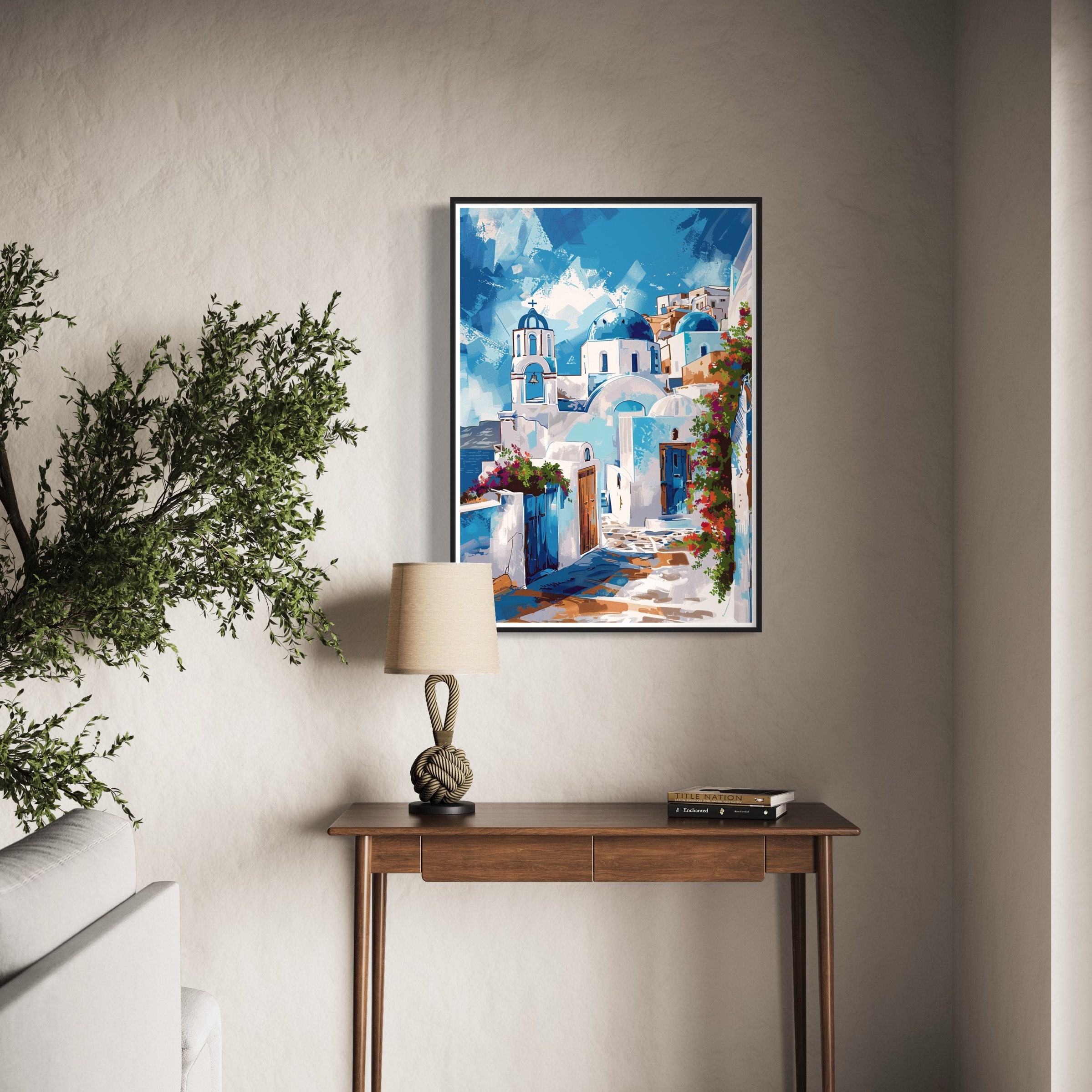 Greek Architecture Art Print Santorini With Blue Domes Painting ...