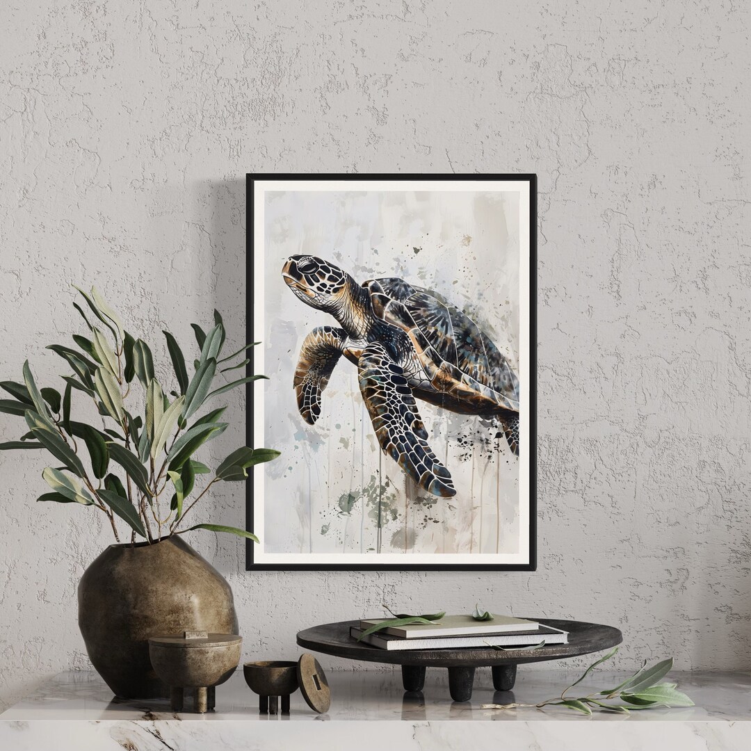 Sea Turtle Art Print Watercolour Painting Brown Blue Abstract Wall ...