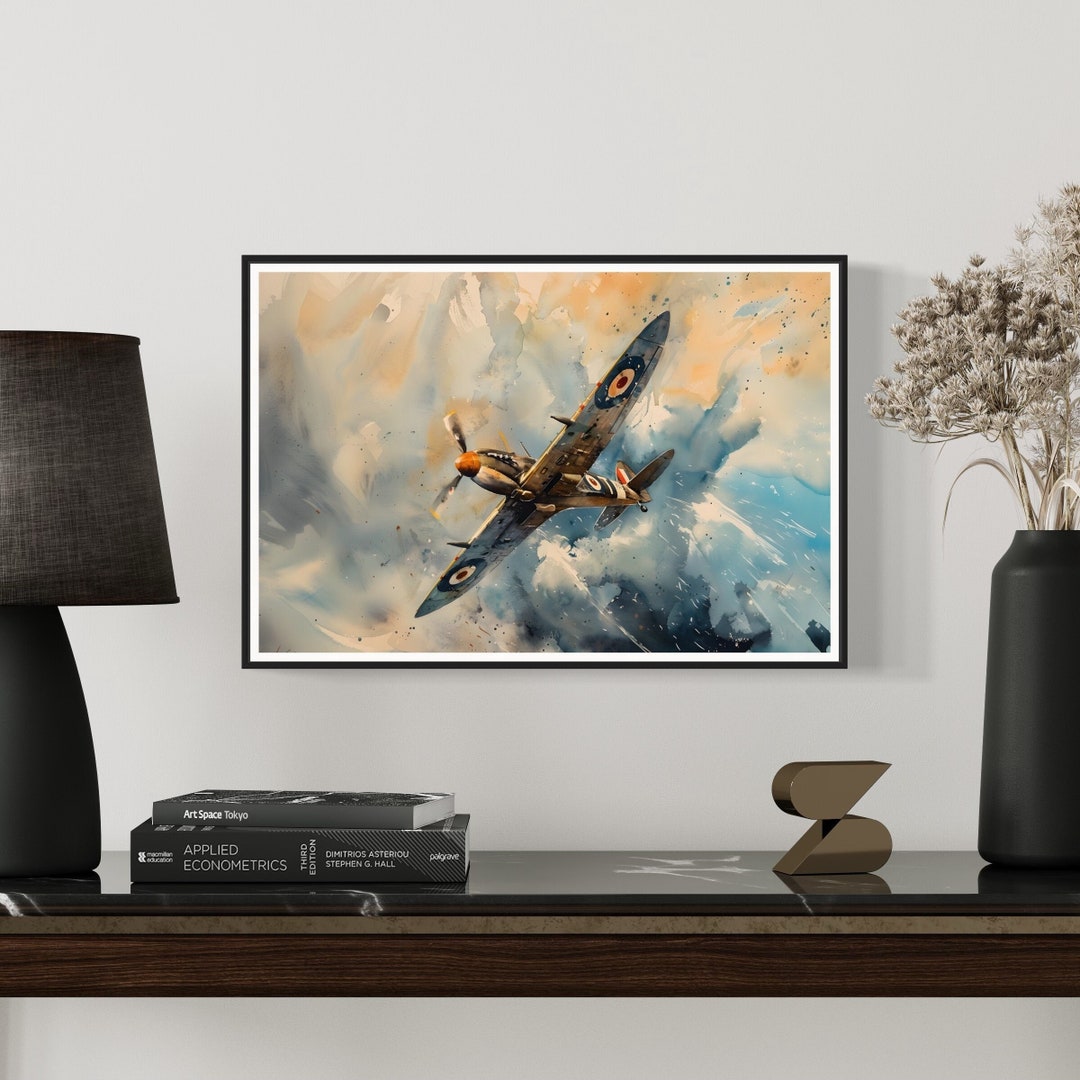 Airborne Spitfire Art Print Vintage Watercolour Plane Soaring Sky ...