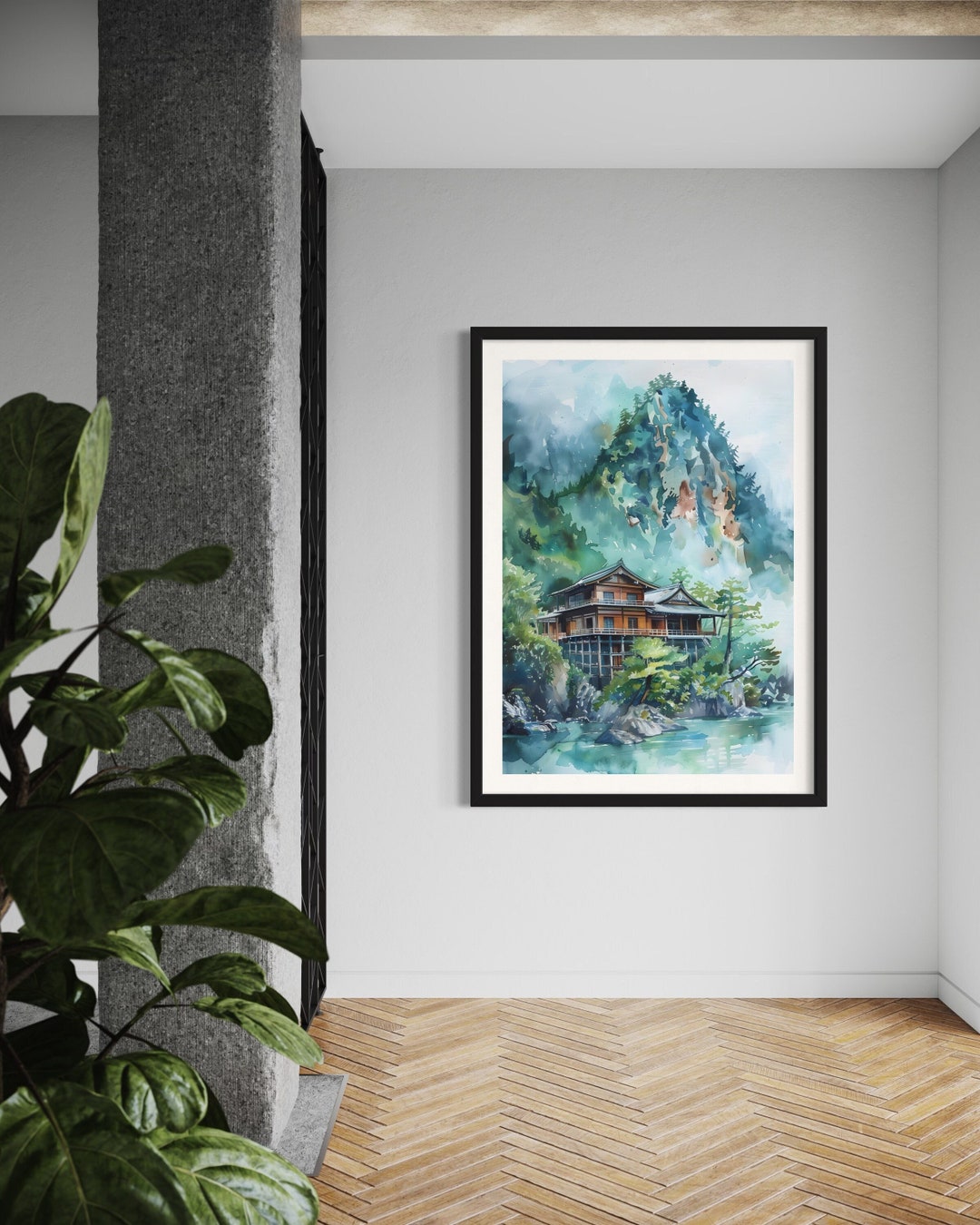 Japanese Foggy Mountain Art Print Acrylic Ink Landscape Japan Decor ...