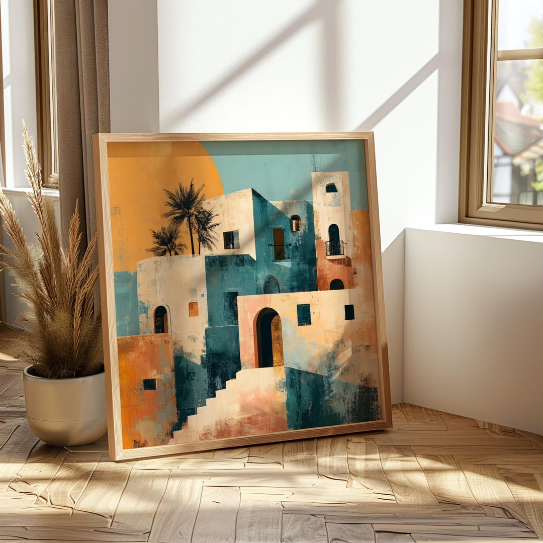 Greek Island Art Print Textured Abstract Geometric Santorini Painting ...