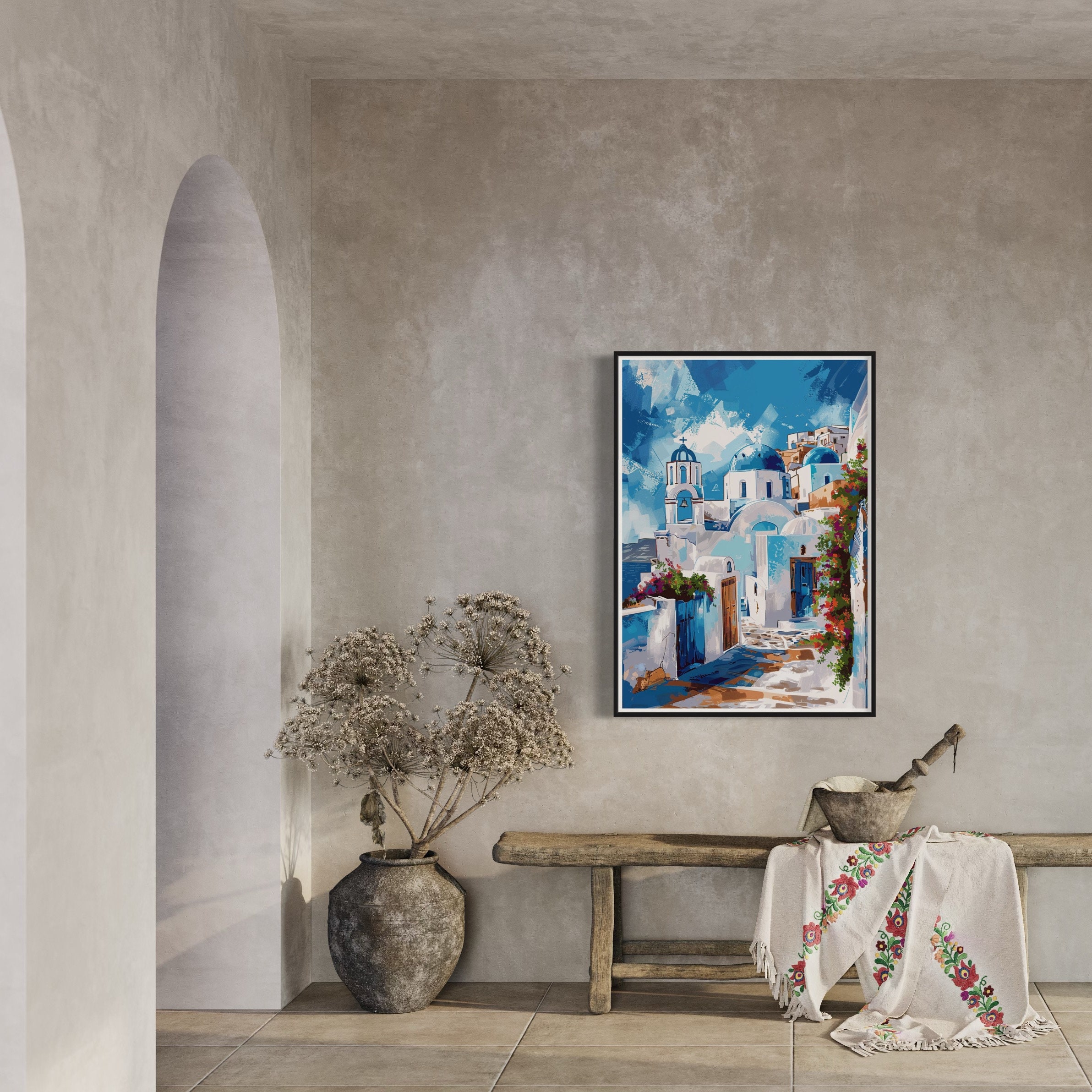 Greek Architecture Art Print Santorini With Blue Domes Painting ...