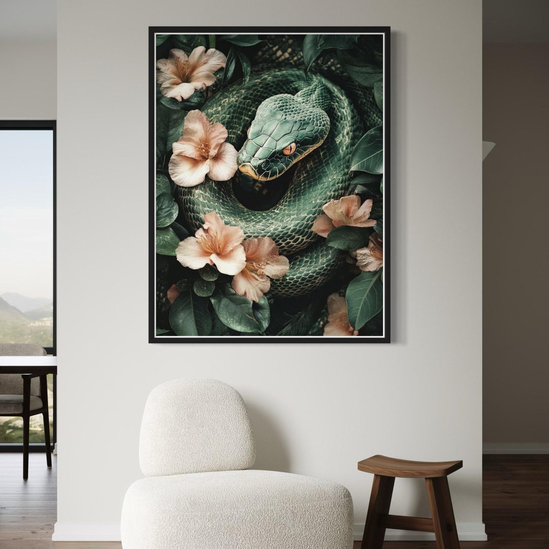 Green Tree Python Art Print Snake Painting Jungle Tropical Leaves ...