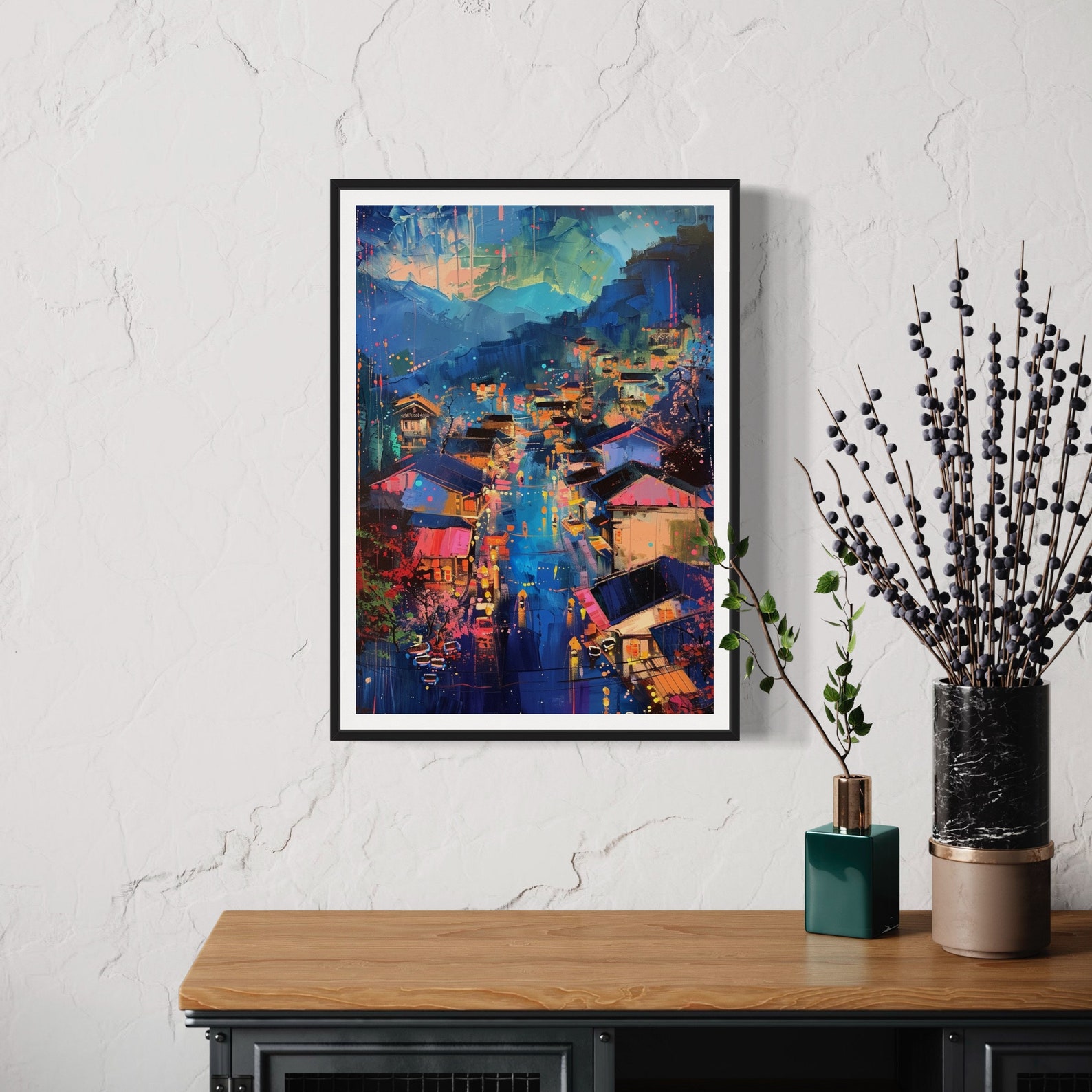 Sapa Town Vietnam Art Print Night Scene Village Painting Mountain ...