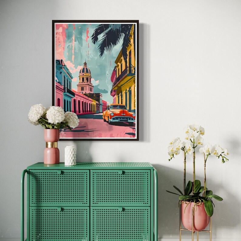 Cuba Style Pop Art Print Retro Havana Orange Classic Car Painting Palm ...