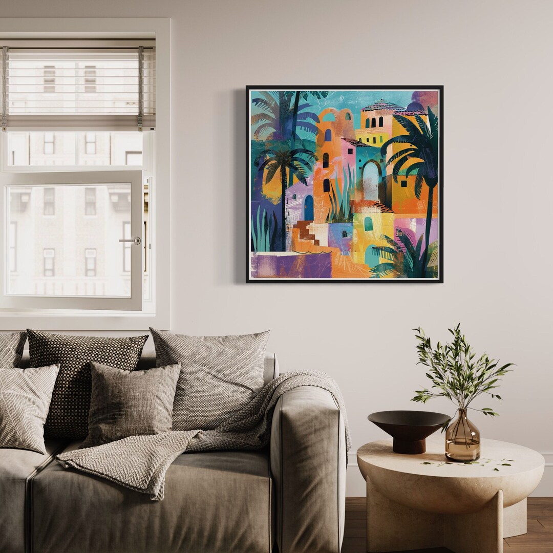 Mediterranean Abstract Art Print Colourful Buildings & Palm Trees ...
