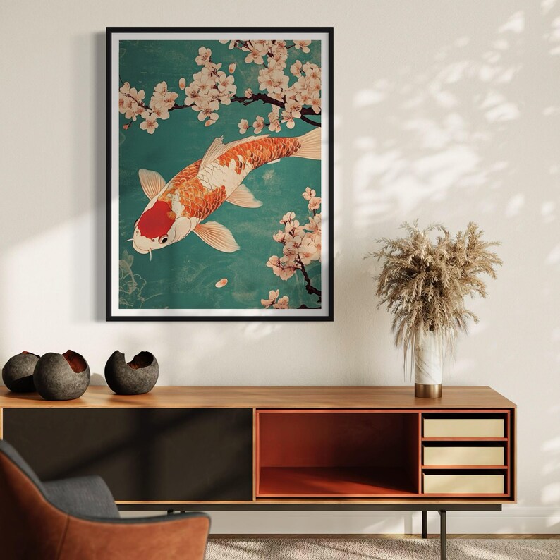 Vintage Japanese Koi Fish Art Print Pink Cherry Blossoms Painting ...