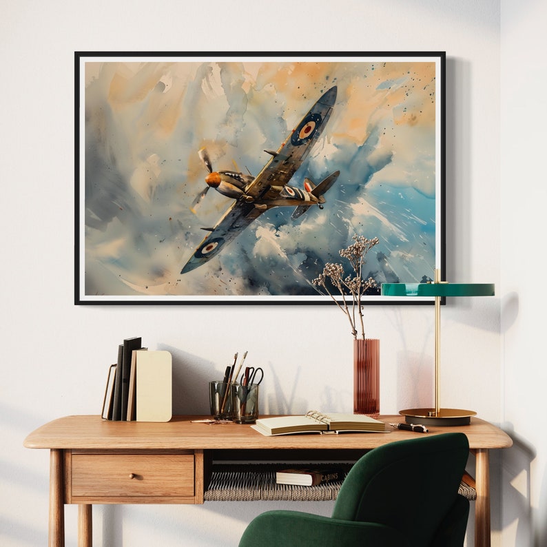 Airborne Spitfire Art Print Vintage Watercolour Plane Soaring Sky ...