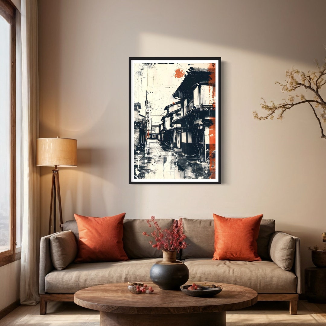 Streets of Japan Art Print Abstract Monochrome Ink Style Drawing Splash ...