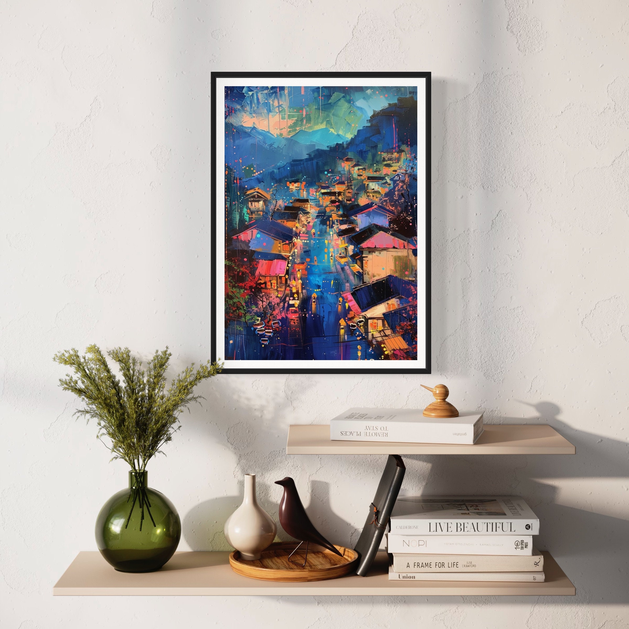 Sapa Town Vietnam Art Print Night Scene Village Painting Mountain ...