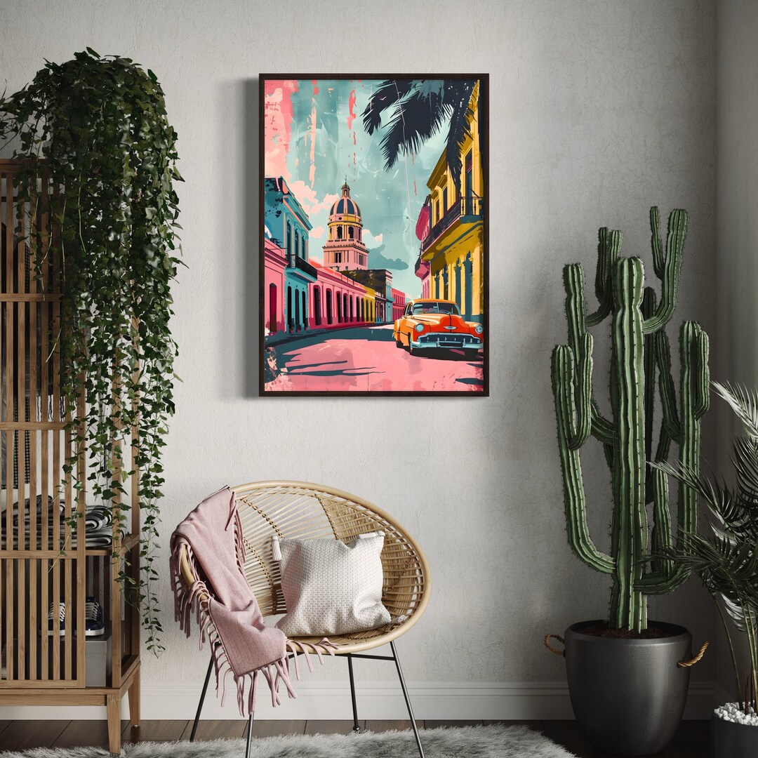 Cuba Style Pop Art Print Retro Havana Orange Classic Car Painting Palm ...