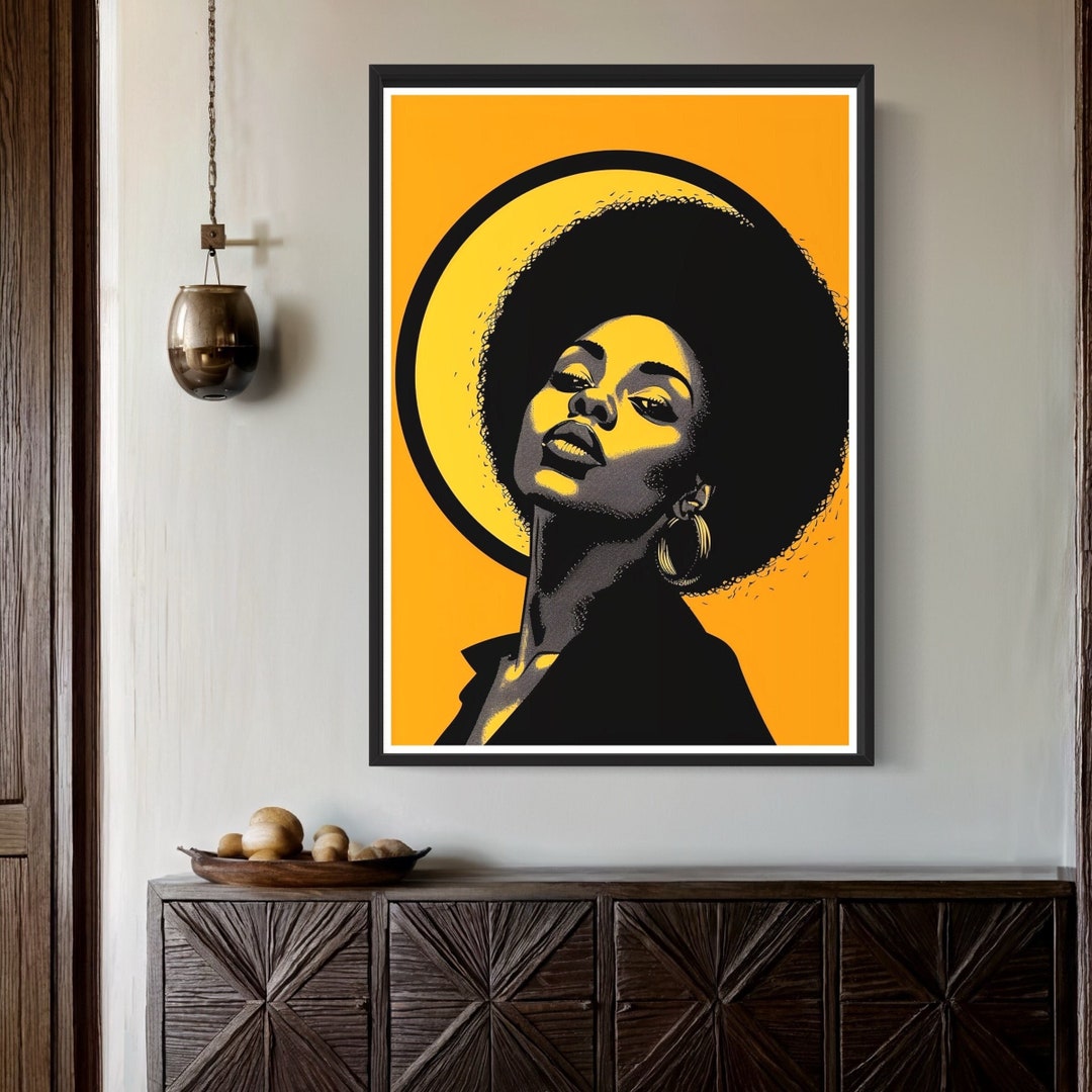 Yellow Afro Retro Art Print Abstract 70's Artwork African American ...