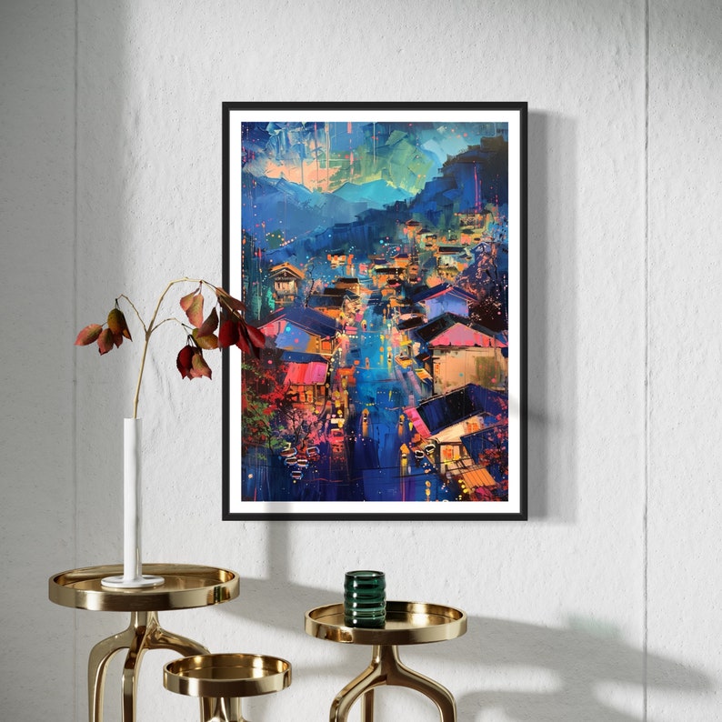 Sapa Town Vietnam Art Print Night Scene Village Painting Mountain ...