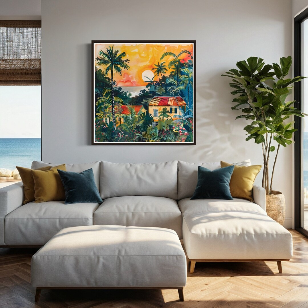 Tropical Sunrise Art Print Palm Trees Poster Colourful Buildings Island ...