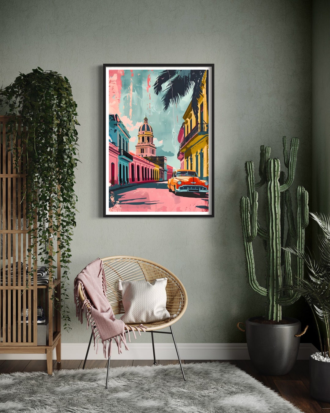 Cuban Style Pop Art Print Retro Havana With Orange Classic Car and Palm ...
