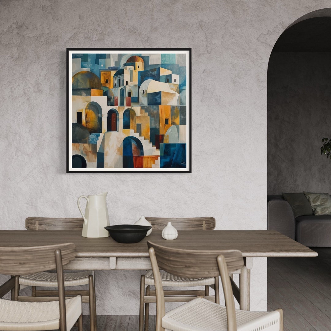 Santorini Domes Art Print Mediterranean Abstract Blue Yellow Wall Decor ...