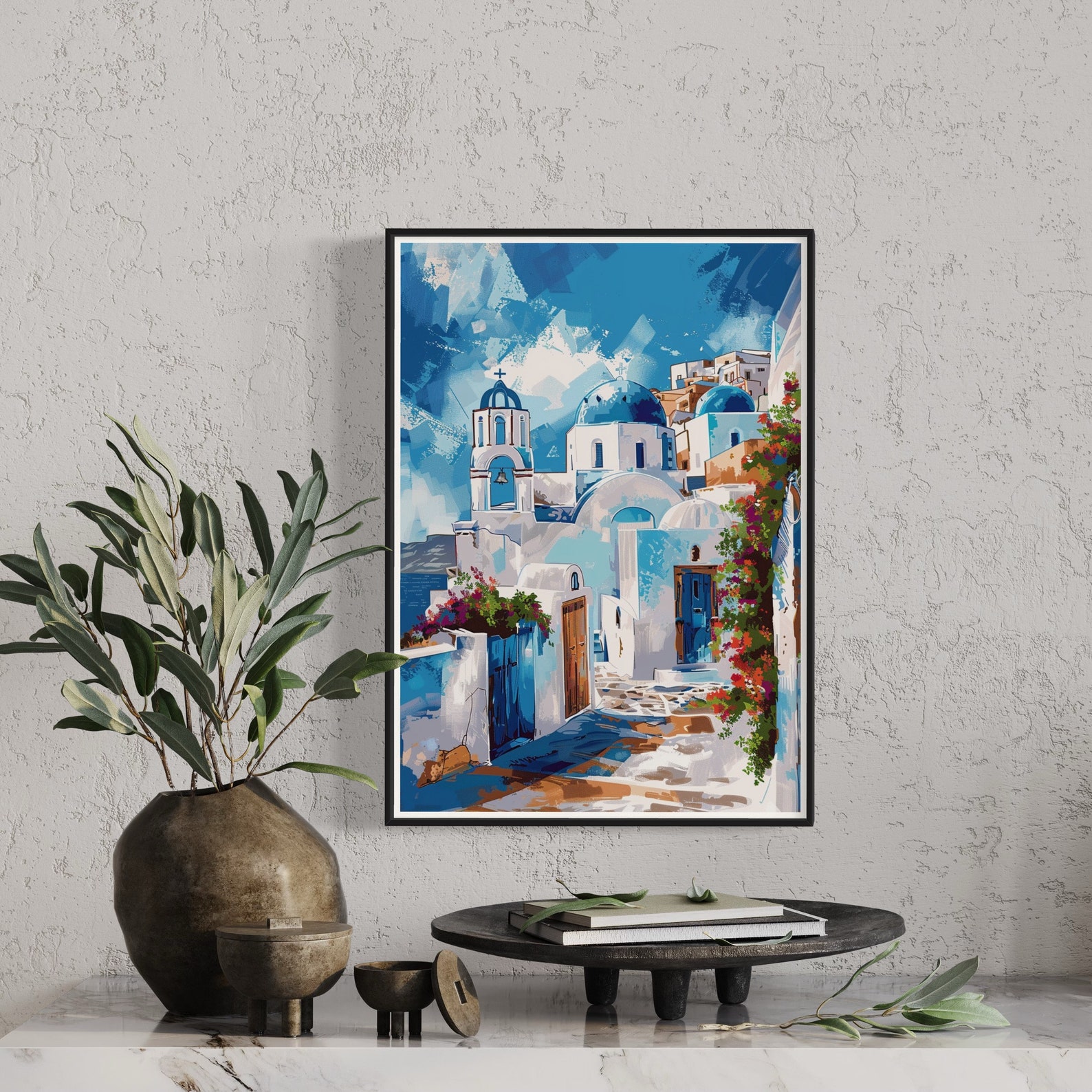 Greek Architecture Art Print Santorini With Blue Domes Painting ...