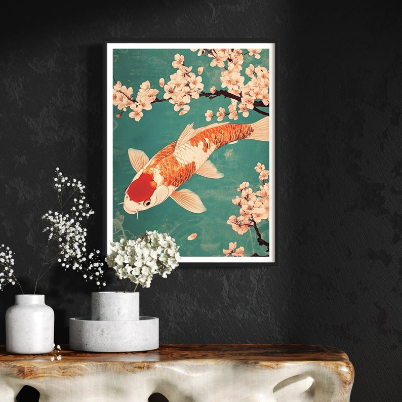 Vintage Japanese Koi Fish Art Print Pink Cherry Blossoms Painting ...