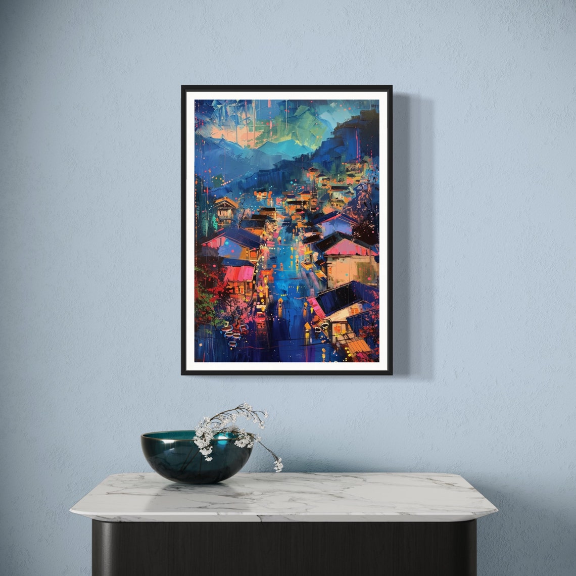 Sapa Town Vietnam Art Print Night Scene Village Painting Mountain ...