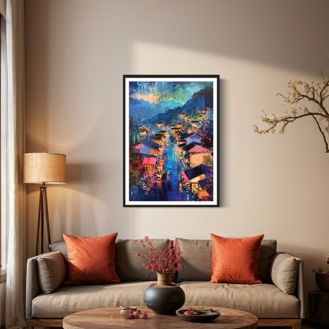 Sapa Town Vietnam Art Print Night Scene Village Painting Mountain ...