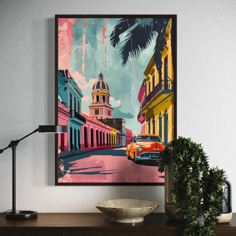 Cuba Style Pop Art Print Retro Havana Orange Classic Car Painting Palm ...