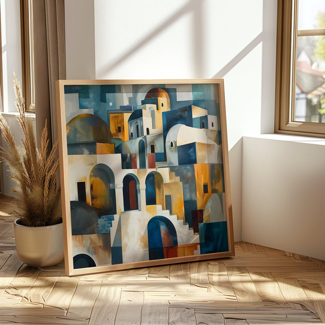 Santorini Domes Art Print Mediterranean Abstract Blue Yellow Wall Decor ...